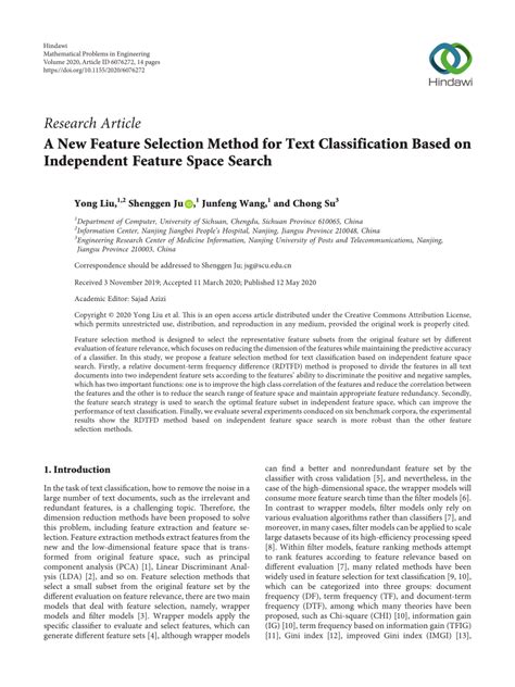 Pdf A New Feature Selection Method For Text Classification Based On Independent Feature Space