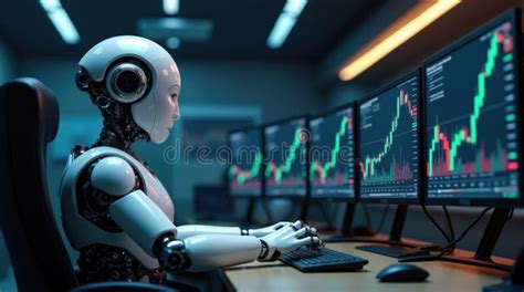 Robot Analyzing Stock Market Data On Multiple Monitors In A Modern