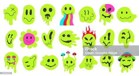 네온 녹는 미소 얼굴 복고풍 낙서 떨어지는 미소 이모티콘 사이키델릭 그루비 캐릭터 그래피티 미소 이모티콘 얼굴 벡터 일러스트 레이션 세트 재미있는 이모티콘 얼굴 마스코트
