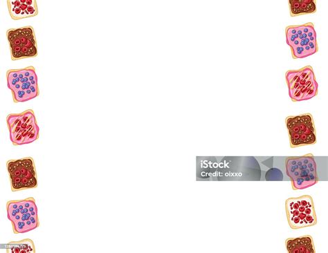 토스트 빵 샌드위치 만화 스타일의 원활한 테두리 패턴 분홍색 아이싱 스프레드와 베리 낙서 벽지 샌드위치 아침 식사 음식 배경 텍스처 타일 0명에 대한 스톡 벡터 아트 및