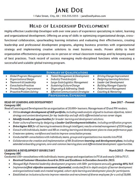 Leadership Development Resume Example Consultant Coordinator