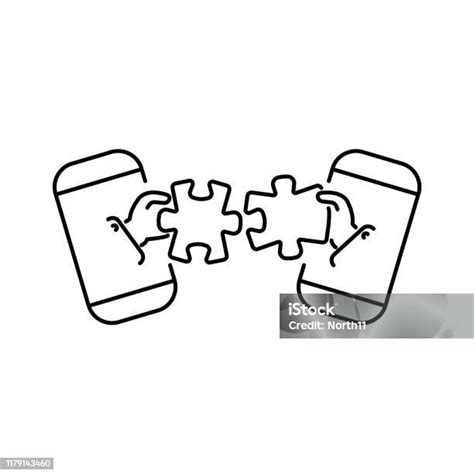 퍼즐은 스마트 폰 라인 선형 벡터 아이콘 기호 기호에서 손에 연결합니다 비즈니스 매칭 개념입니다 손 사업가에 요소 퍼즐을 연결합니다 문제를 해결하기 위해 함께 노력합니다