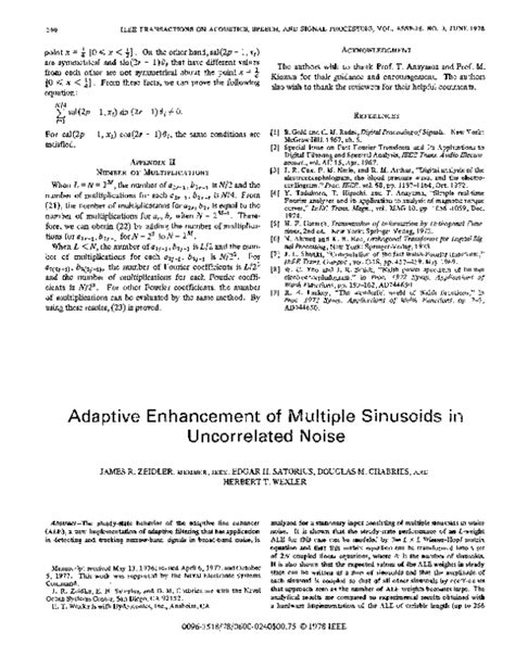 Pdf Adaptive Enhancement Of Multiple Sinusoids In Uncorrelated Noise