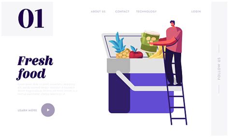 도로 방문 페이지 템플릿의 음식 냉장 사다리에 작은 남성 캐릭터 스탠드 거대한 자동차 냉장고에 제품을 넣어 개념에 대한 스톡
