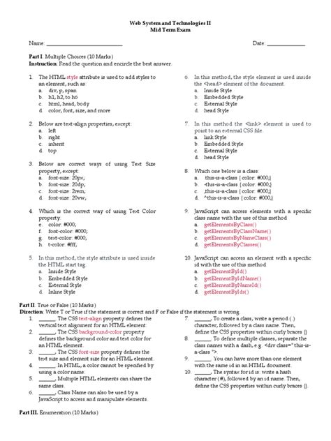 Web System And Technologies Ii Midterm Exam Pdf Html Html Element