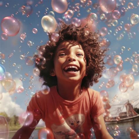 Premium Photo A Young Girl Is Smiling While Floating In Bubbles