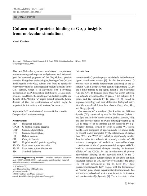 Pdf Goloco Motif Proteins Binding To Gαi1 Insights From Molecular Simulations