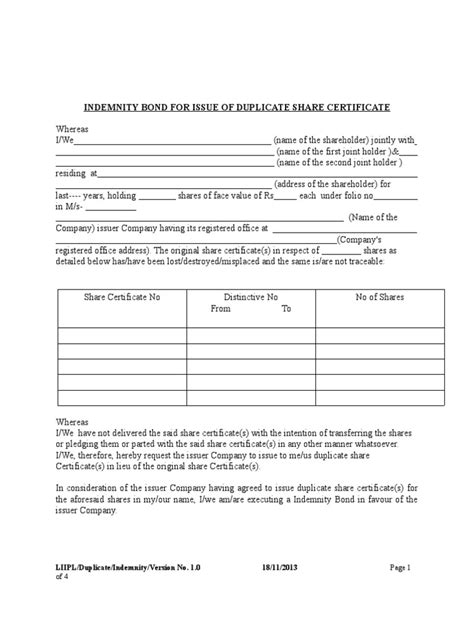 Indemnity Bond For Issue Of Duplicate Share Certificate Pdf Surety Indemnity