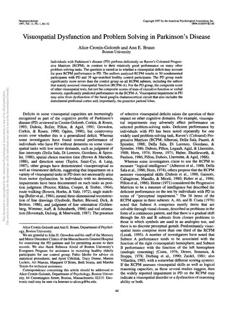 Visuospatial Dysfunction And Problem Solving In Parkinson S Disease