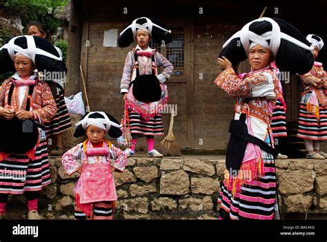 China Guizhou Province Longjia Village Long Horn Miao Girls In Traditional Costumes