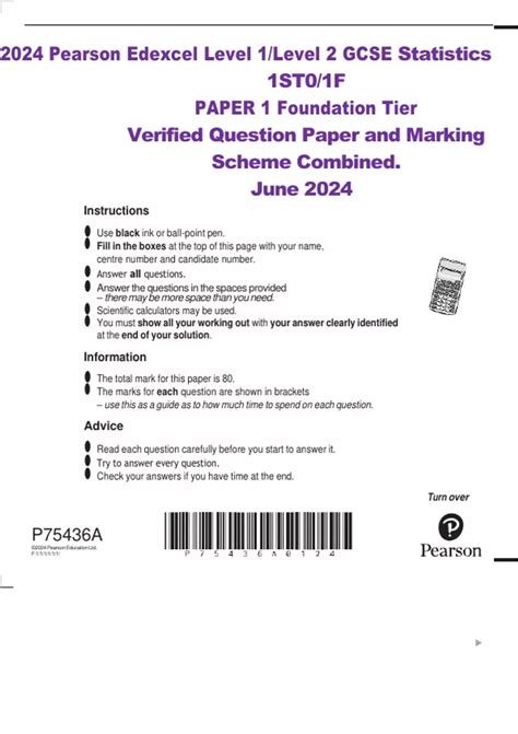 2024 Pearson Edexcel Level 1 Level 2 Gcse Statistics 1st0 1f Paper 1 Foundation Tier Verified