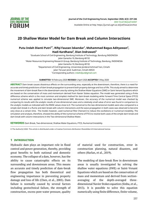Pdf 2d Shallow Water Model For Dam Break And Column Interactions