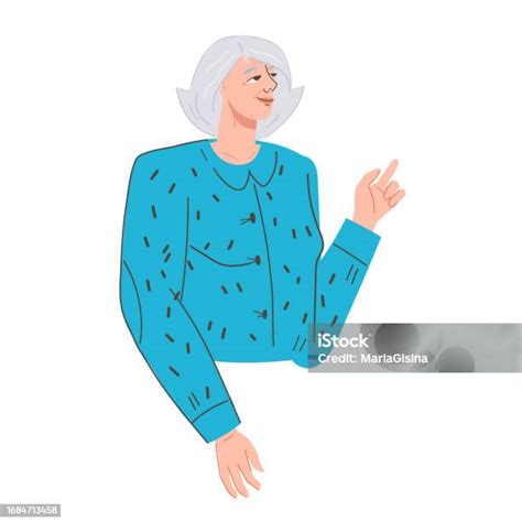 노인 여성 초상화 또는 아바타 평면 벡터 삽화가 분리되어 있다 가리키기에 대한 스톡 벡터 아트 및 기타 이미지 가리키기 겨냥 긍정적인 감정 표현 Istock