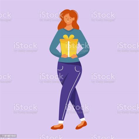 행복 한 여자 와 선물 상자 플랫 벡터 일러스트 레이 션 선물로 즐거운 사람 보라색 배경에 파티 고립 만화 캐릭터에 가는 캐주얼 옷에 코카서스 전신 소녀 미소 가공의 인물에
