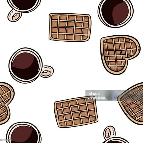 벨기에 와플과 커피 컵은 국경 패턴을 매끄럽게 만듭니다 귀여운 만화 맛있는 아침 식사 반복 식감 배경 타일 포장 디자인 벽지에 대한 스톡 일러스트의 아늑한 템플릿 0명에