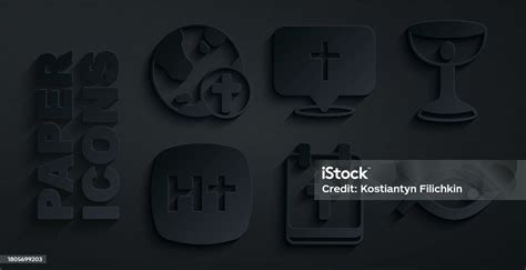 부활절 기독교 성배 십자가 물고기 상징 위치 교회 건물 및 지구본 아이콘으로 달력을 설정합니다 벡터 3차원 형태에 대한 스톡 벡터 아트 및 기타 이미지 Istock