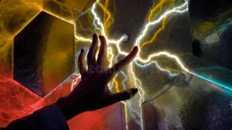 Woman Touching Plasma Panel Display In Dark Room Of Museum Close Up View Stock Video Video