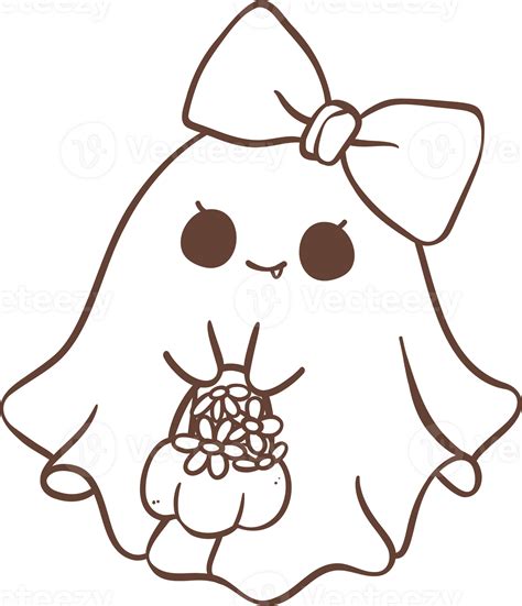Cute Ghost Girl Outline With Flower Cartoon Doodle 27943307 Png