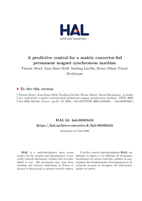 Pdf A Predictive Control For A Matrix Converter Fed Permanent Magnet Synchronous Machine