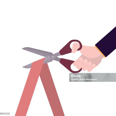 만화 손은 가위로 빨간 리본을 자른다 흰색 배경에 분리된 디자인입니다 스타트업 런칭 매장 오픈 행사 행사 그랜드 오프닝 발표회 텍스트를 위한 위치입니다 가위에 대한 스톡