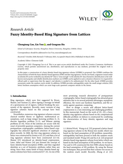 Pdf Fuzzy Identity Based Ring Signature From Lattices