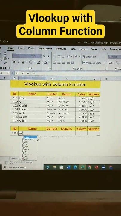 Vlookup With Column Function Shortsfeed Excelshorts Vlookupfunction