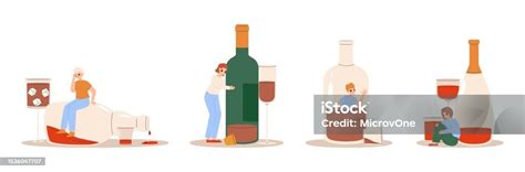 알코올 중독 장면 술에 취한 십대와 독한 음료 한 병 파티에서 독성 음료 남용 정신 건강 문제 알코올 중독 꼭 맞는 벡터 세트