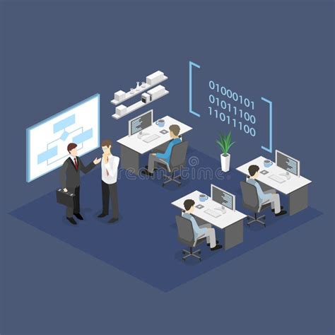 Flat 3D Isometric Concept Illustration Of Office Software Developer