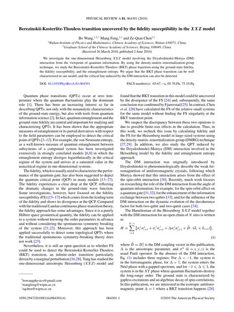 Pdf Berezinskii Kosterlitz Thouless Transition Uncovered By The Fidelity Susceptibility In The