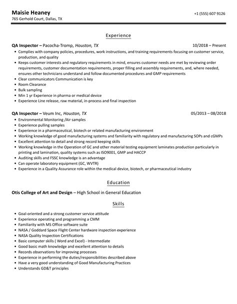 QA Inspector Resume Samples Velvet Jobs