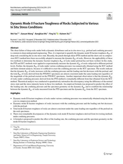 Dynamic Mode Ii Fracture Toughness Of Rocks Subjected To Various In Situ Stress Conditions Pdf