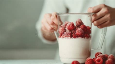 Person Preparing Fresh Raspberry Smoothie In Blender Ai Generated Stock