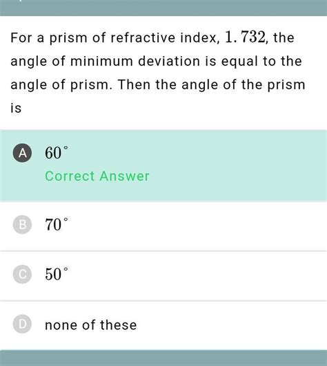 for a prism of refractive index 1 732 the angle of minimum deviation is
