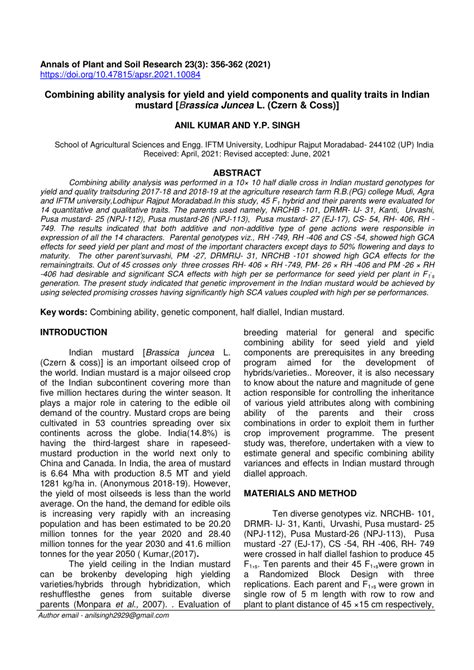 Pdf Combining Ability Analysis For Yield And Yield Components And