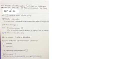 Solved Find The Vertex Form Of The Function Then Find Each Chegg