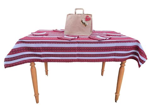 ᐉ Скатертина лляна з серветками вишита Червоний 12161812 • Краща ціна в Києві Україні