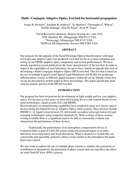 Pdf Multi Conjugate Adaptive Optics Test Bed For Horizontal Propagation