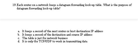 Solved Each Router On A Network Keeps A Datagram Forwarding Lookup Table What Is The Purpose