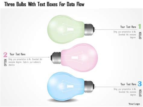 Three Bulbs With Text Boxes For Data Flow Powerpoint Template PowerPoint Slide Clipart