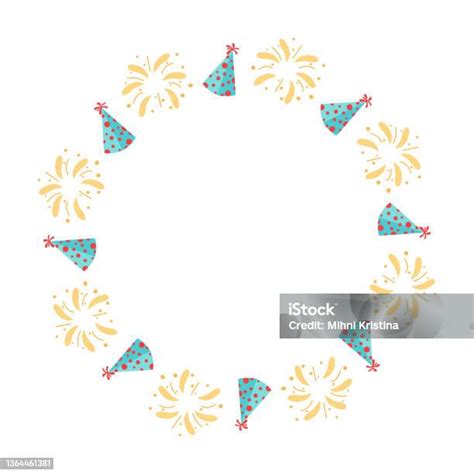 파티 시간입니다 불꽃놀이의 둥근 프레임과 축제 모자 파티 초대장 배너 카드에 대한 플랫 벡터 일러스트레이션 1920년대 아가씨에 대한 스톡 벡터 아트 및 기타 이미지