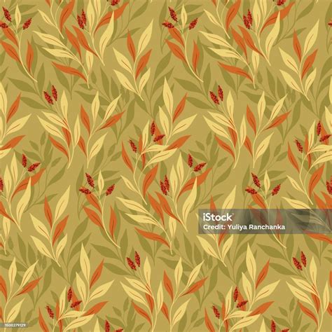 빈티지 가을 식물학과 매끄러운 꽃 패턴 야생화 나뭇잎 황토 배경에 가지 벡터 그림입니다 0명에 대한 스톡 벡터 아트 및 기타