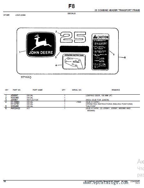 John Deere 25 Combine Header Transport Frame Parts