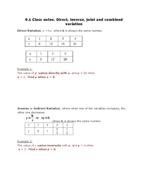 9 1 Class Notes Direct And Inverse Variation 9 Class Notes Direct