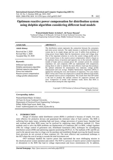 Optimum Reactive Power Compensation For Distribution System Using Dolphin Algorithm Considering