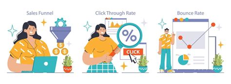 Digital Marketing Set Woman Analyzes Sales Funnel Man Inspects Click