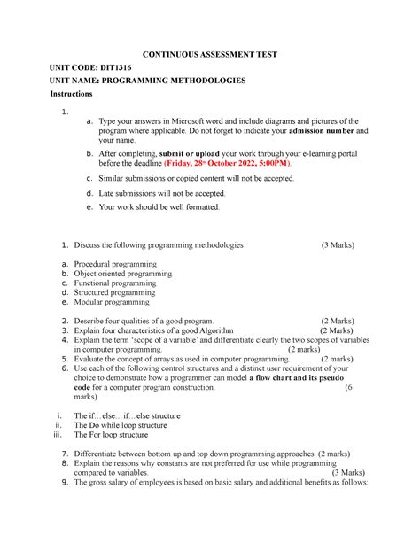 Continuous Assessment Test Continuous Assessment Test Unit Code Dit Unit Name Programming
