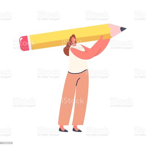 흰색 배경에 고립 된 거대한 연필과 작은 여성 캐릭터 작가 사업가 비서 예술가 직업 쓰기에 대한 스톡 벡터 아트 및 기타 이미지