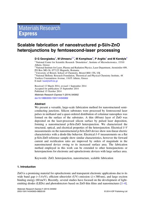 Pdf Scalable Fabrication Of Nanostructured P Sin Zno Heterojunctions