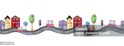 구불구불한 도로 집 자동차 나무 신호등 및 흰색 배경에 고립 된 도로 표지판이있는 매끄러운 패턴 수채화 드로잉 손으로 그린 거리에 대한 스톡 벡터 아트 및 기타 이미지