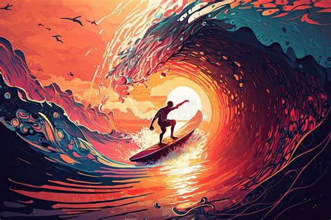 Sunset Surfer Beautifull Surfer On The Surf Board Stock Illustration
